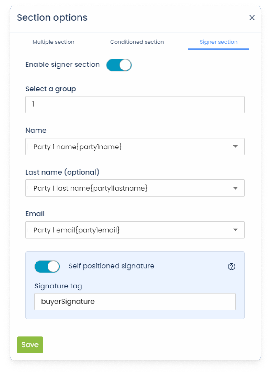 Tag for automatic signature positioning